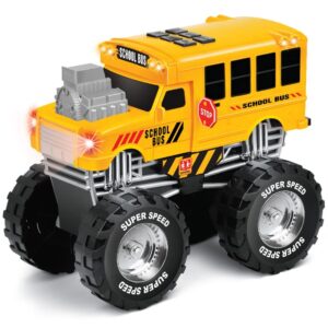 liberty imports motorized mighty monster truck toy kids, electric motor vehicle with big wheels, button action, sounds and flashing lights (school bus)