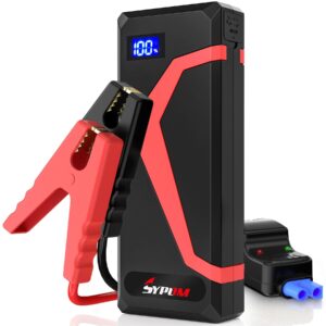 sypom 4150a peak jump starter battery pack - 12v jump box for all gas/up to 12l diesel - dual usb power bank, emergency light (red)