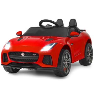 costzon ride on car, 12v licensed jaguar f-type svr battery powered kids' electric vehicles w/remote control, front/rear lights, mp3/music/3 speeds/spring suspension, kids car for toddler (dark red)