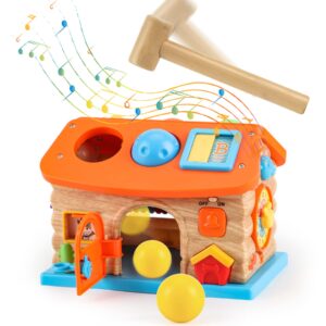 yuanlebao hammering pounding toys wooden house educational toy with clock,door bell,math,music,color recognition.birthday gift for 3+ years boy girl baby toddler kids developmental montessori toy