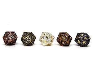 hollow dice of devine retribution - metal polyhedral dice with swords and shields design (gun metal d20)