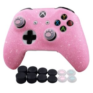 ralan glitter controller skin for xbox one, anti-slip silicone controller cover protector compatible for xbox 1 wireless/wired gamepad joystick with 4 thumb grips caps and black pro thumb grip x 8