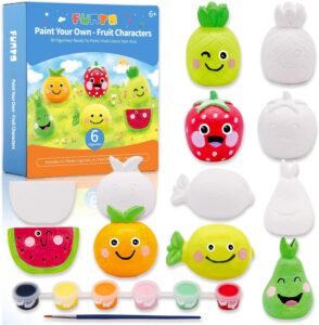 funto paint your own fruits painting kit, 13 pcs crafts set for kids, steam project creative activity diy toys with 6 figurines, 6 paint pots, 1 brush