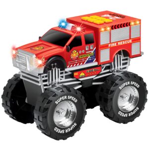 liberty imports motorized mighty monster truck toy kids, electric motor vehicle with big wheels, button action, sounds and flashing lights (fire engine)