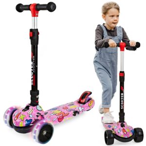 scooter for kids ages 3-12, foldable & height adjustable kids scooter with graffiti bodywork, non-slip deck and extra wide pu light-up wheels (200 lbs weight capacity)