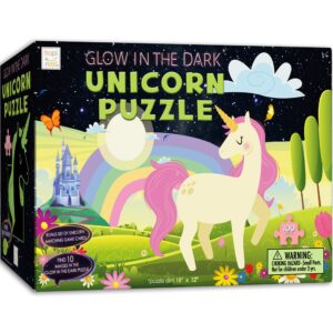 hapinest 100 piece unicorn puzzle glow-in-the-dark puzzle for kids girls & boys, birthday gift w/bonus memory matching cards & led flashlight, jigsaw puzzles for kids ages 5 6-8 10-12 years old and up