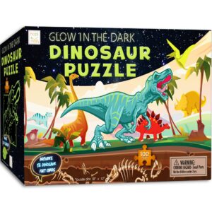 hapinest glow-in-the-dark dinosaur jigsaw puzzle for kids, 100 piece puzzles for kids boys and girls gifts ages 5 6 7 8 9 10 11 12 years old & up, includes 12 dinosaur fact cards & led mini flashlight