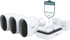 arlo pro 4 spotlight camera 3 camera security bundle (2k video, color night vision, 2 way audio, wire-free, no hub needed) white - vmc4350p