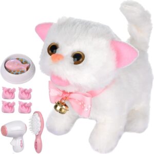 worwoder plush electronic interactive cats that move and meow walking lifelike interactive toy robot kitten pet cute stuffed kitten for girls kids (white)