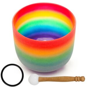 xinan 440hz frosted quartz crystal rainbow bowl with rubber mallet & o-ring, for meditation, yoga, spiritual healing (color : b note crown, size : 6 inch)