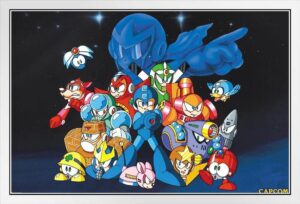 mega man group art video game video gamer classic retro vintage 90s gaming megaman capcom legacy collection megaman 11 mega man x dr wily white wood framed poster 14x20