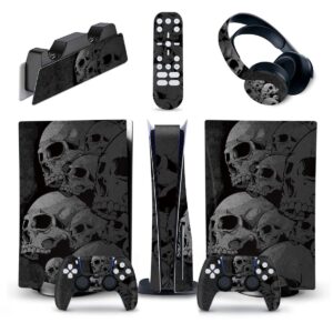 full body vinyl skin sticker decal cover for ps5 disc version controller & charging station & headset & media remote - black skull