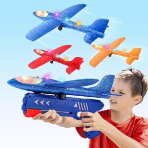 3 pack airplane launcher toy, 12.6" foam glider led plane, 2 flight mode catapult plane for kids outdoor sport flying toys gifts for 3 4 5 6 7 8 9 10 12 year old boys girls