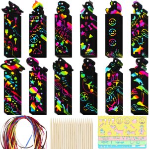 yexiya 96 pcs animal scratch bookmarks rainbow colored scratch paper diy bookmark crafts for with 96 colorful ropes 24 wood stylus and 4 drawing stencils for birthday party favors gift bags