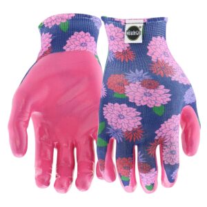 miracle-gro women's nitrile coated grip floral pattern gardening work gloves, extreme comfort, excellent grip, water resistant, pink/purple, medium, (mg37126/wml)