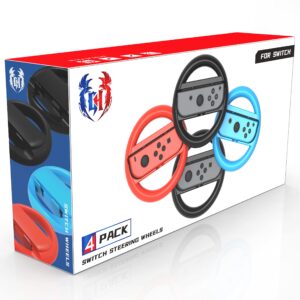 4 pack switch steering wheel compatible with mario kart 8 deluxe, gh racing wheel accessories compatible with nintendo switch/switch oled joy con controller (black x2, red and blue)