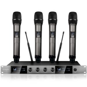 fduce wireless microphons system, 4-channel uhf handheld mics set of 4 cordless microphone, fcc fixed frequency, volume control, wide use for karaoke, party, conference, wedding, church(su518)