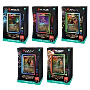 magic: the gathering streets of new capenna 5 commander deck bundle – includes 1 obscura operation, 1 maestros massacre, 1 riveteers rampage, 1 cabaretti cacophony, 1 bedecked brokers