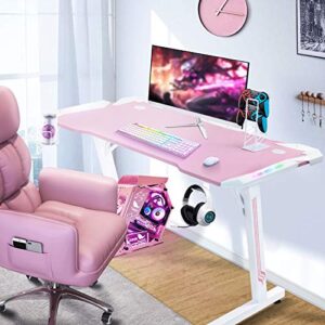 oryxearth pink gaming desk with led lights, 41" z shaped rgb home gaming computer desk table, ergonomic pc workstation with remote control, cup holder, handle rack, headphone hook for office use