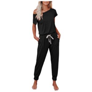 bblulu womens casual short sleeve off shoulder jumpsuits solid color drawstring elastic waist jumpsuit romper with pockets