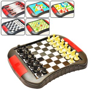 magnetic travel board games, chess set magnet with 6 classic games, 7.8*6.7 in, for kids 6 and up, chinese checkers, backgammon, flying chess, snakes&ladders, international checkers, small and light