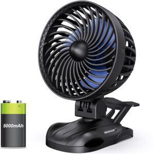 beskar clip on fan - 5000mah battery rechargeable with cvt speeds and strong airflow, head adjustable, small desk fan personal quiet fan for office stroller outdoor