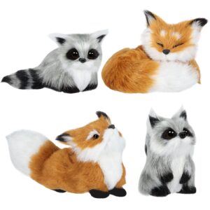 deekin 4 pcs mini simulation fur toy christmas animal decoration cute furs plush raccoon fox squatting sleeping animals world with static action figures for home office desktop decor