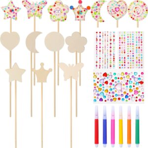 30 pieces princess fairy wands kit include 21 wooden fairy wands make your own princess wand, 6 watercolor brushes and 3 gem stickers unfinished wooden diy fairy wand art craft kit for party supplies