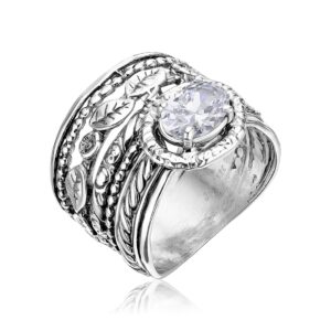 925 sterling silver ring with white cubic zirconia oval shape prong, multiple bands rich stack look, hypoallergenic, nickel and lead-free, artisan handcrafted designer collection, made in israel