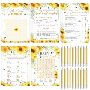 145 pieces sunflower baby girl shower game set 5 games 25 sheets of each with 20 pencils floral baby shower games & activities for girl includes baby descriptions and wishes, guess who, bingo game