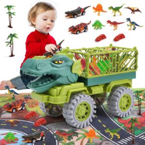 skirtoy dinosaur toys for kids, dinosaur transport truck with activity playmat, 2 friction powered vehicles, 4 colorful dinosaur figures, small dino carrier cars birthday gift for children age 3-5-7