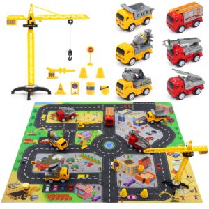 nuheby construction toys for 3 year old boys, pull back cars toys with play mat excavator toy trucks toddler toys for kids age 4 5 year old boy birthday party cake toppers crane fire dump gifts