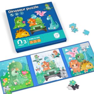 vileafy magnetic puzzles for kids ages 4-8, 3 in 1 wooden dinosaur puzzles book for boys girls, preschool educational learning toys and travel games toys (dinosaur 25p+30p+42p)