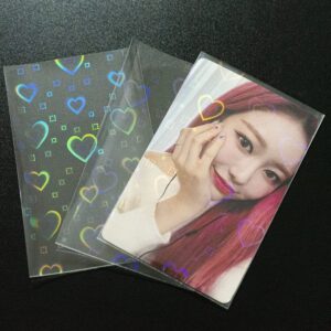 50 pcs clear laser flashing card sleeves for standard size trading cards, love heart shape photocard sleeves for kpop photos, holographic foil soft card protector 2.5x 3.5 for photocard,game cards