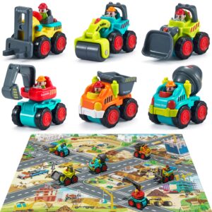 iplay, ilearn toddler construction toy trucks, baby mini push go cars w/playmat, kid pocket construction vehicle, little excavator dump bulldozer, birthday gifts for 6 9 12 18 month 1 2 3 year old boy