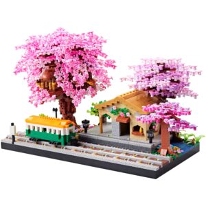 dolblock japanese cherry blossom tree flower house micro building blocks set for adults bus station mini bricks model, treehouse, decorative architectural present toy for girl children age of 14+