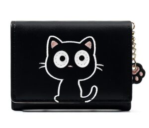 yajama women wallet leather cute cat small tri-folded credit card case holder organizer purse with id window for teen girls (green)