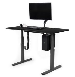 mojodesk - mojo gamer pro - electric standing standing desk for esports pc gaming - bundled with 5 accessories - monitor arm, pc mount, magnetic cable tray, cable chain, 6-outlet power bar