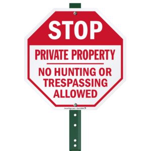 smartsign 10 x 10 inch “stop - private property, no hunting or trespassing allowed” lawnboss yard sign with 3 foot stake, 40 mil laminated rustproof aluminum, red and white, set of 1, made in usa