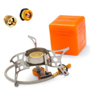 bp compact 2.0 portable camping stove (propane + butane adapters included) | windproof camping and backpacking mini stove with built-in ignition system | perfect for hiking and picnic -3900w