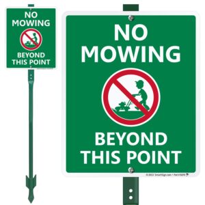 smartsign 12 x 10 inch “no mowing beyond this point” lawnboss yard sign with 3 foot stake, 40 mil laminated rustproof aluminum, red, white and green, set of 1, made in usa