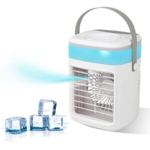 houselyla portable air conditioner fan, cooling desk fan humidifier with 3-speed, rechargeable protable fan 7 colors and misting fast cooling desktop fan for home, room, office