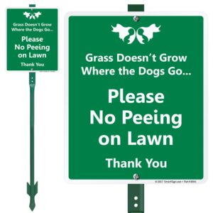 smartsign 12 x 10 inch “grass doesn't grow where the dogs go - please no peeing on lawn” lawnboss yard sign with 3 foot stake, 40 mil laminated rustproof aluminum, white and green, set of 1, usa-made