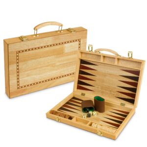 sterling games wooden backgammon set for adults, 15" foldable backgammon board game set with travel handle and metal clasps