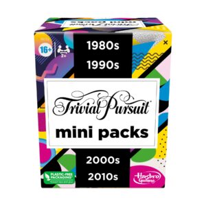 hasbro gaming trivial pursuit mini packs multipack, fun trivia questions for adults and teens ages 16+, includes 4 game featuring 4 decades