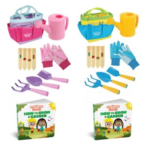 kids gardening tool set bundle includes 2 color variations (pink and blue) and a delightful how to garden tale board book in each toy set