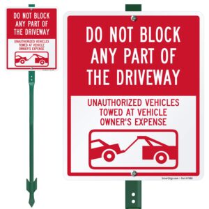 smartsign 12" x 10" 'do not block any part of the driveway unauthorized vehicles towed' lawnboss yard sign with 3 ft stake, 40 mil laminated aluminum, red and white, set of 1, usa-made