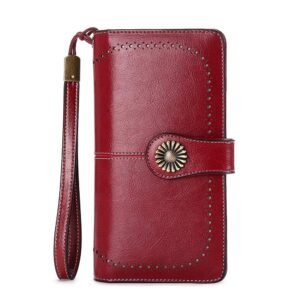 sendefn genuine leather wallet for women clutch with strap 24 card slots 2 id windows cash compartments 1 zipper pocket credit card holder rfid blocking gift box included (red-1)