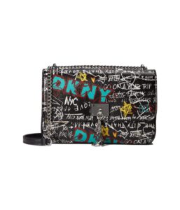 dkny cleo medium shoulder flap black graffiti one size