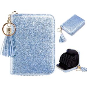 enyisdan blue small wristlet wallets for women glitter frid leather credit card holder wallets for ladies girls short purse